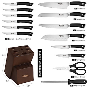 VENZELL 15 pcs Knife Set with Block, Premium Quality High Carbon Stainless Steel Kitchen Knife Set