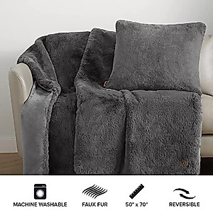 UGG 16802 Euphoria Plush Faux Fur Reversible Throw Blanket for Luxury Hotel Style Couch or Bed Blankets Cozy Machine Washable Luxurious Fuzzy Fluffy Sofa Throws, 70 x 50-Inch, Charcoal