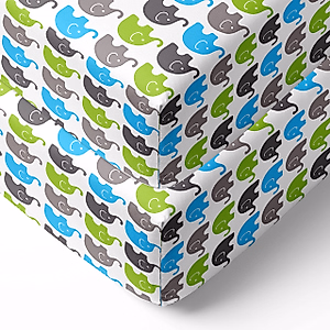 Bacati - Elephant Aqua, Lime, Grey 100% Cotton Percale 2 Pack Baby Crib & Toddler Bed Fitted Sheets