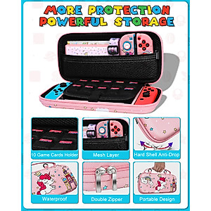 Xinocy for Nintendo Switch OLED 9 in 1 Storage Accessories Kit with Travel Carrying Case+Switch Protective Cover+Game Case Holder+Strap+Sticker+2 Joycon Shells+Thumb Caps Cute for Kids Girls-Cards