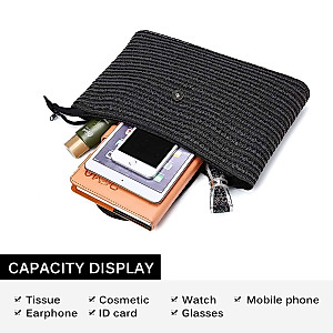 Kadell - Women Clutch, Summer Straw Handbag Seashell Straw Bag Summer bag (Black)