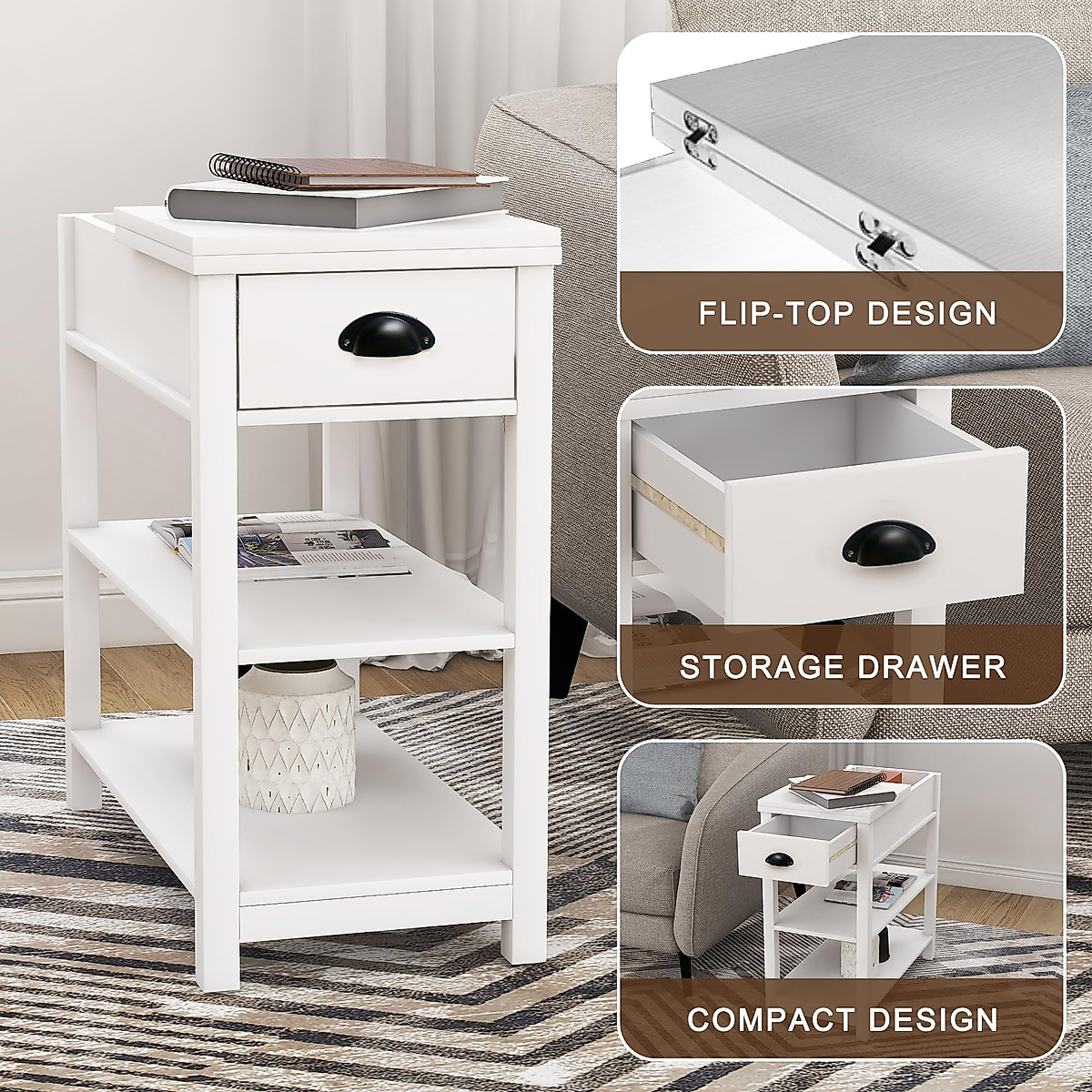 Narrow Flip Top End Table - LifeSky Slim End Table with Drawer - End Tables with Storage for Small Spaces Living Room White