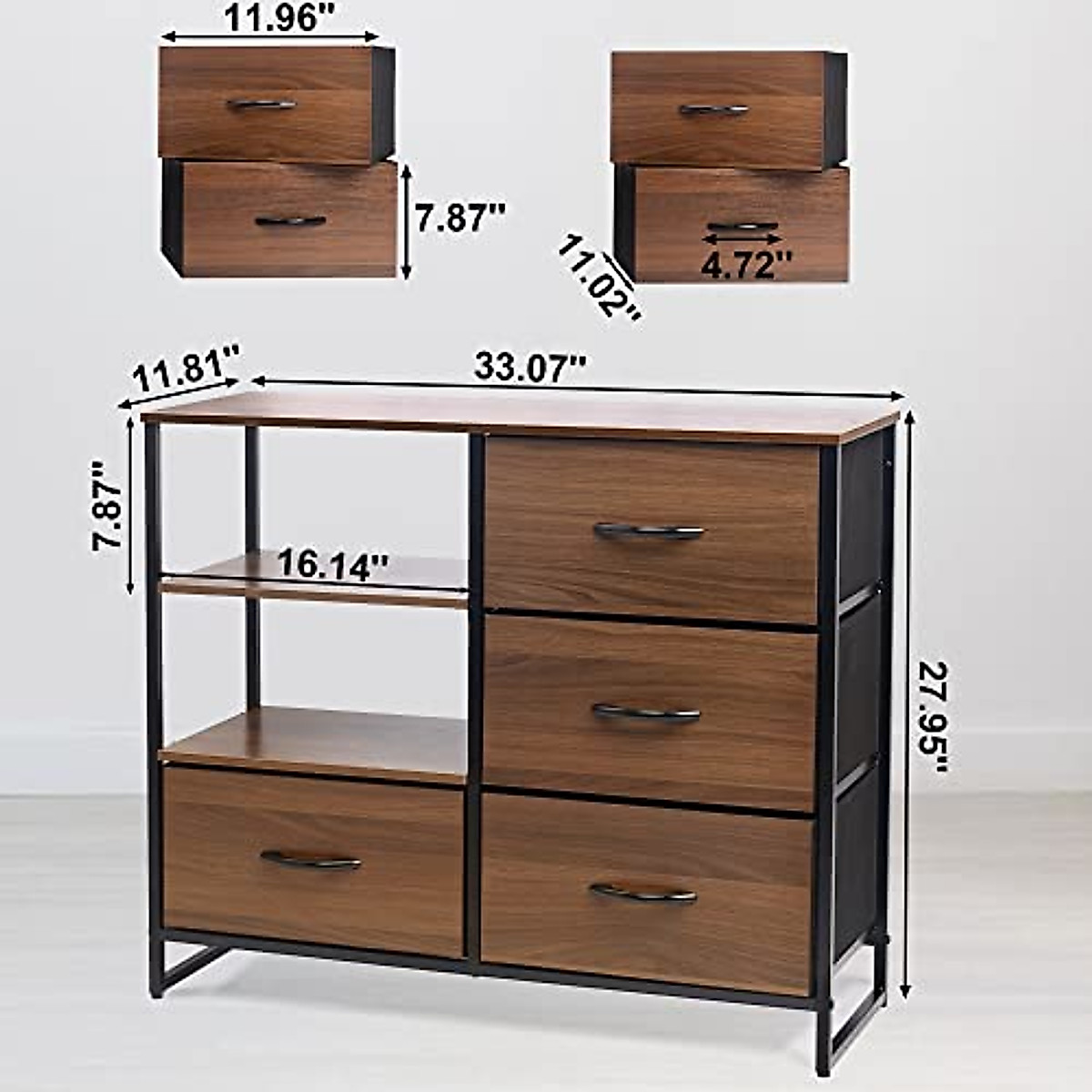 CONNOO Fabric Dresser with 4 Drawers and 2 Side Shelf, Lightweight Industrial Storage Unit Organizer for Entryway, Bedroom, Nightstand, Office, Kitchen