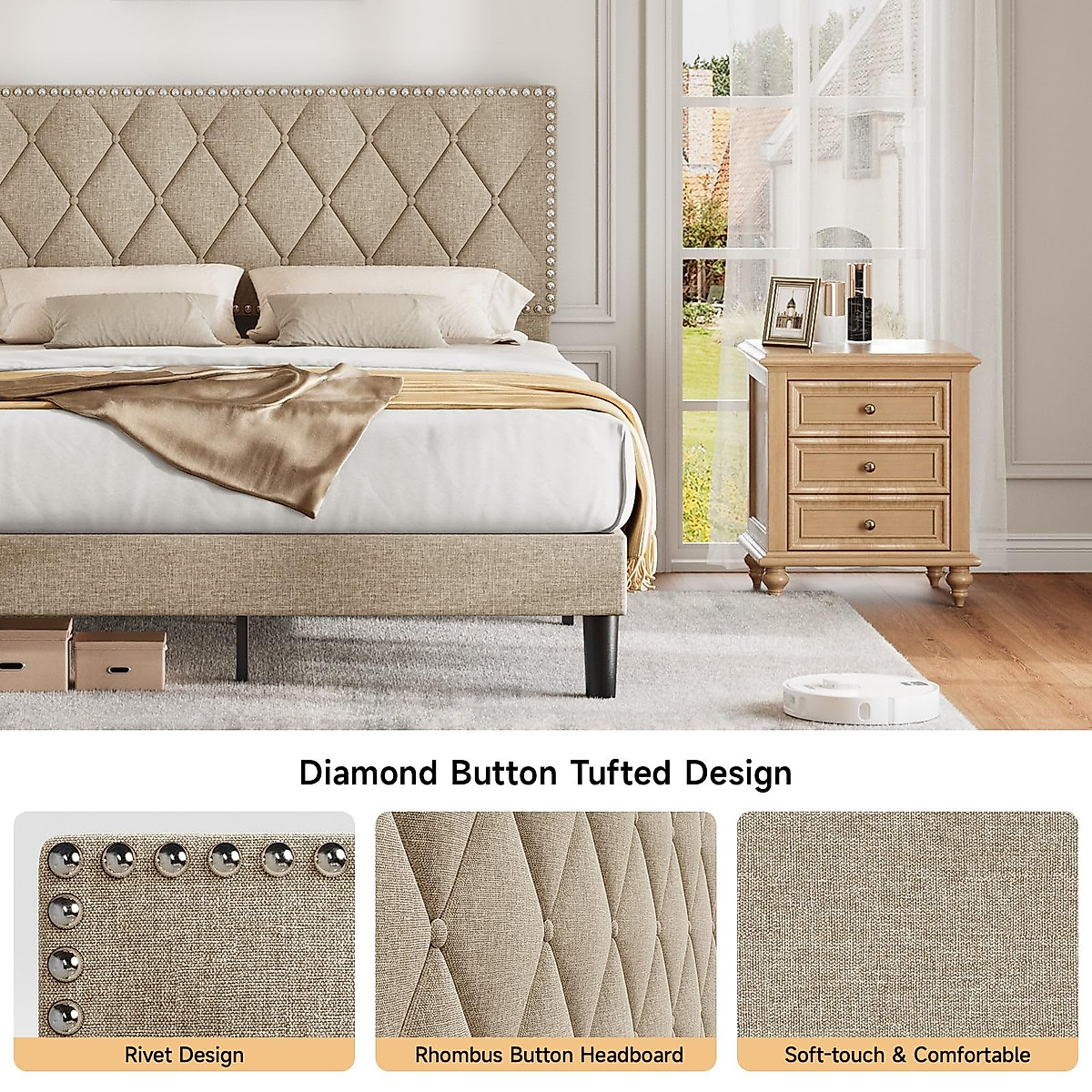 ONBRILL Queen Size Platform Bed Frame with Upholstered Headboard, Bed Frame with Button Tufted Adjustable Headboard, Bed Frame with Strong Wooden Slat, No Box Spring Needed, Noiseless, Beige
