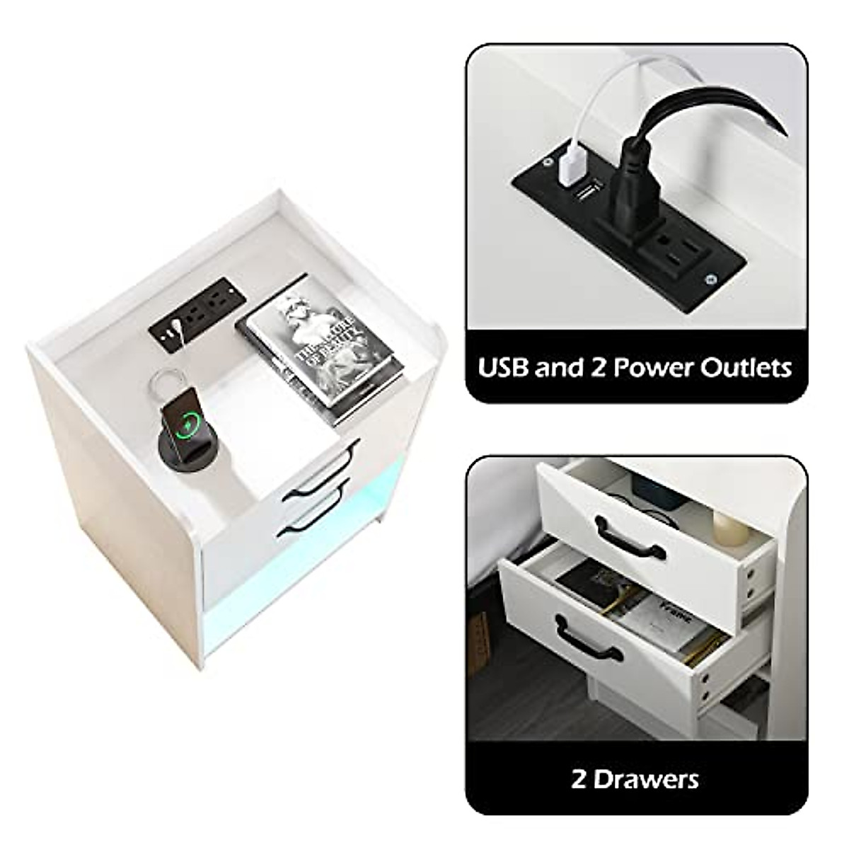 4 EVER WINNER Nightstand Bedroom Side Table End Table Living-Room, Night Stand Bedside Table with USB and Open Shelves,White