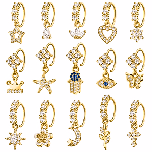 Bonuci 15 Pcs Dangle Nose Rings Hoops Heart Dangle Nose Rings Cartilage Earring Dangling Nose Piercing Jewelry for Women (Gold)