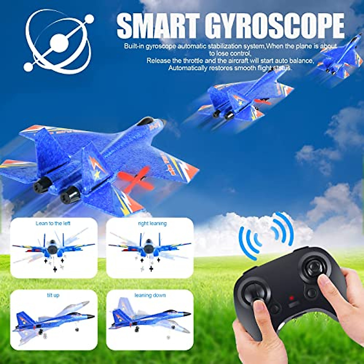 OUSEXI Blue RC Airplane Comes with 2 Batteries, 2.4 GHZ 2 Channels Remote Control Aircraft for Beginners,Outdoor Foam RC Airplane for Kids(with Night Light)