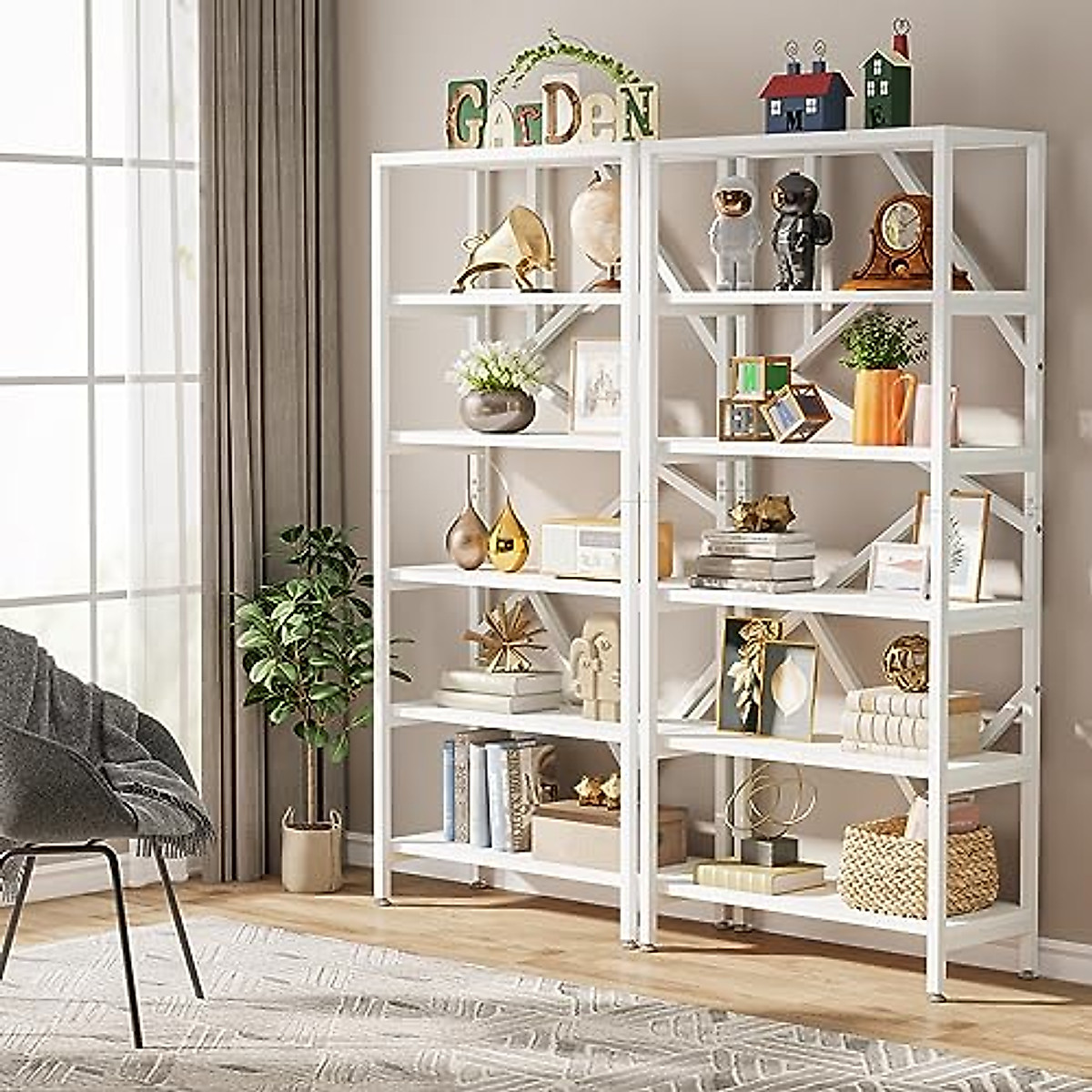 Tribesigns 71 Inch Industrial Bookshelf, 6 Shelf Etagere Bookcase, Freestanding Open Book Shelves Storage Display Shelf, Wood Shelving Units Organizer Rack for Home Office Living Room, White