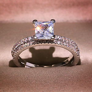 GUIDECUN Women's Princess Cut Cubic Zirconia 2 Piece Bridal Ring Set,CZ Halo Solitaire Wedding Engagement Ring Set (US Size 7)