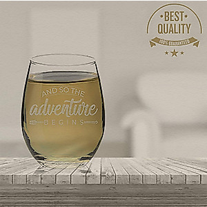Veracco And So The Adventure Begins Stemless Wine Glass Funny BirthdayGift For Someone Who Loves Drinking Bachelor Party Favors (Clear, Glass)