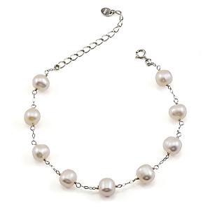 JFUME Pearl Bracelets for Women 925 Sterling Silver Rhodium Plated 8-9mm White Cultured Freshwater Pearl Bracelet 7.5inches Adjustable