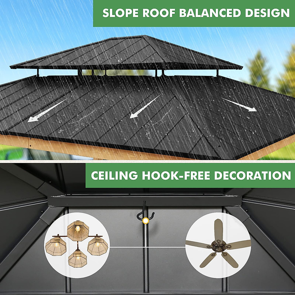 EAGLE PEAK 13x15 Hardtop Gazebo, Galvanized Steel Double Roof Gazebo with Cedar Wood Frame, Outdoor Pavilion with Netting and Curtains for Patio, Deck, Lawn and Garden, Natural Wood/Black