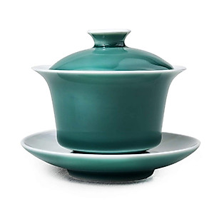Porcelain Gaiwan 5oz /150ml Teacup White Glazed Classical Chinese Auspicious Clouds Tea Cup Tureen Sancai Cover Bowl Lid Cup Saucer Set (Green)
