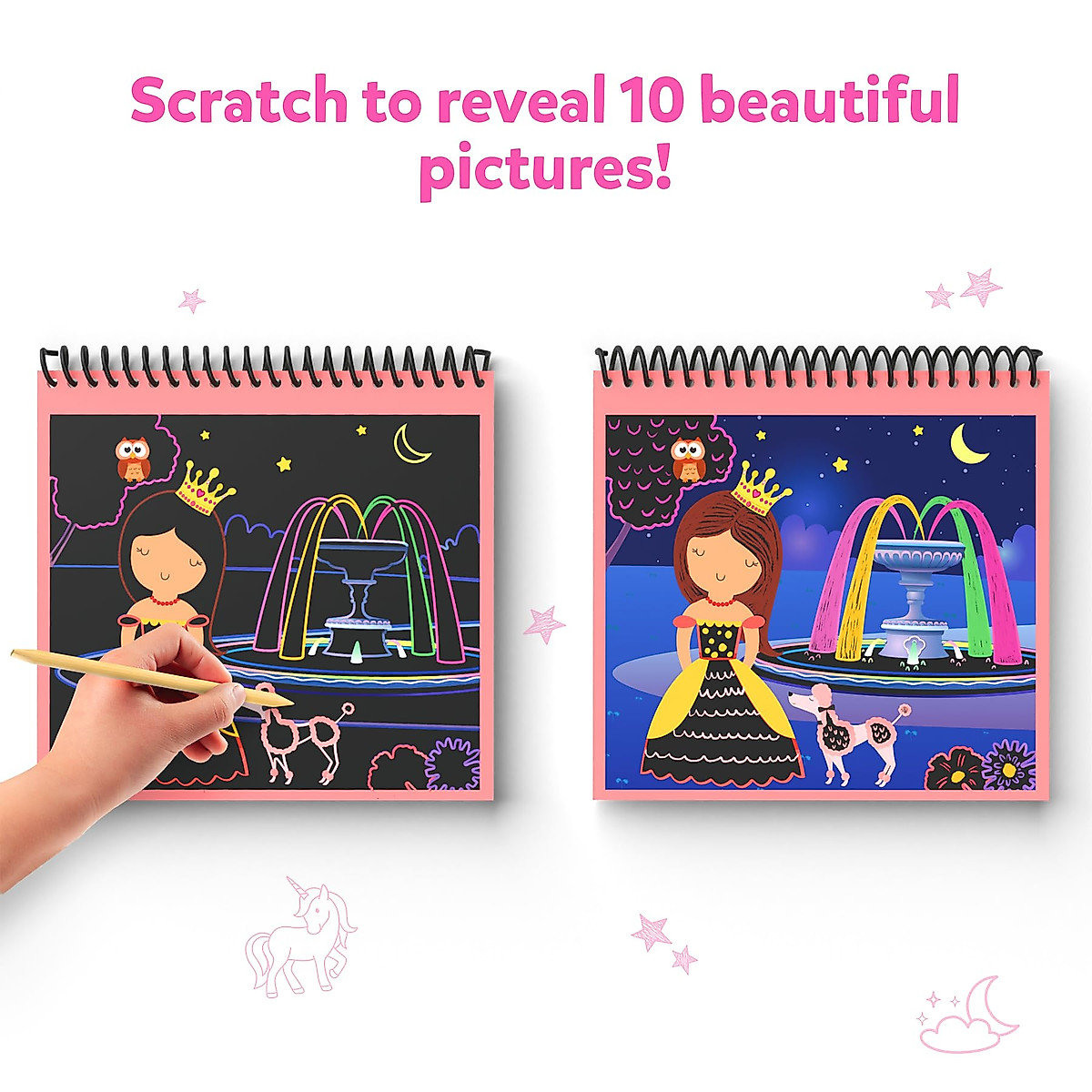 Skillmatics Scratch Art Book for Kids - Unicorns & Princesses, Craft Kits & Supplies, 30+ Scratch Stickers, Travel Toys, DIY Kit, Gifts for Girls & Boys Ages 3, 4, 5, 6, 7, 8