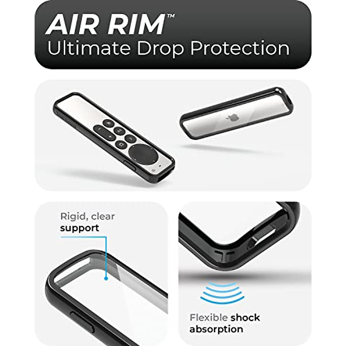 TotalMount Air Rim Case for Apple TV Remotes – Slim, Hybrid Apple TV Remote Case with Ultimate Drop Protection – Black Perimeter Cover & Clear Back