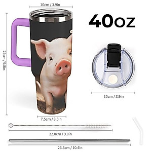 LLUTSNTH 40 Oz Vacuum Tumbler with Violet Handle Leakproof Insulated Tumbler Cute Pigs Stainless Steel Travel Mug with Lid And Straw Coffee Cup Cute Water Bottles Cup Holder Friendly