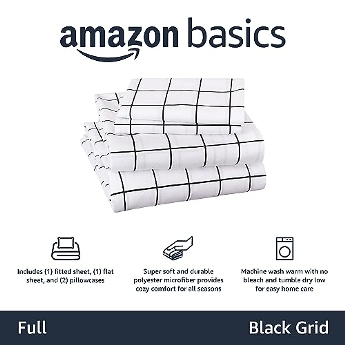 Amazon Basics Soft Microfiber 4-Piece Bed Sheet Set with Elastic Side Pockets, Full, Black Grid, Geometric