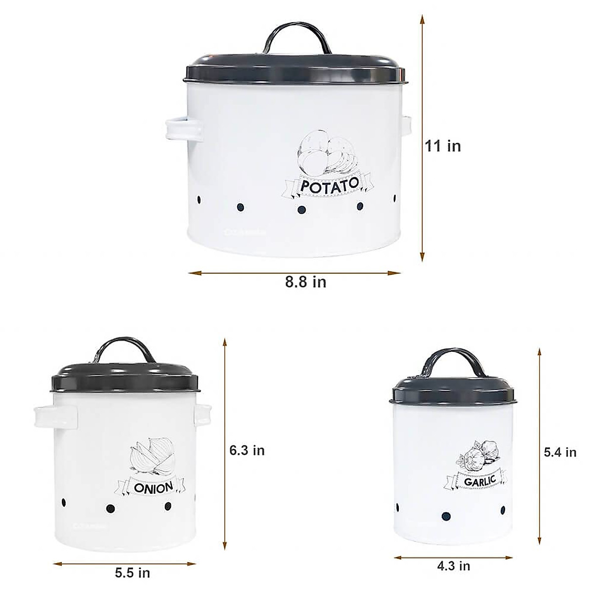 SOTECH Potato Onion Garlic Storage Bin with Lid Set of 3 Kitchen Pantry Organizer and Tin Vegetable Keeper Ventilated Vintage Grey and White Farmhouse Metal Containers Keeps Vegetables Fresh