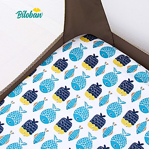 Biloban Pack n Play Sheet Fitted, 4 Pack Portable Playard Navy and Grey & Whale and Fish