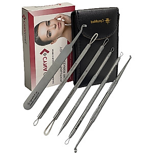 German Stainless Professional set of 6- Blackhead Remover Comedones Extractor Acne Removal Kit for Blemish,Whitehead Popping, Zit Removing for Nose Face Tools-Blackhead Removal w/zipper Leather case