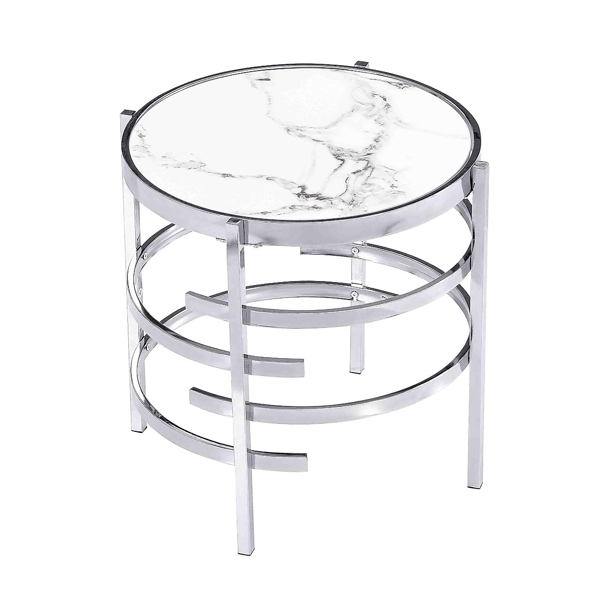 Round End Table Marble Stone Living Room Table Silver Modern Small Coffee Table Sofa Side Table, Silver Chrome Metal Frame, Furniture for Home Office (end table, Silver)