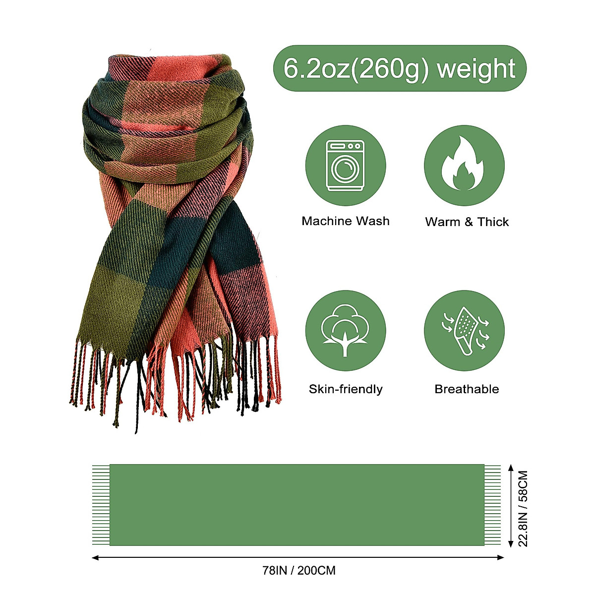 Scarf for Women - Women's Fall Winter Scarfs, Classical Scottish Checked Long Shawl Wrap Scarf, Soft and Warm Cashmere Scarf, Scarves for Women Lightweight- Pink & Green