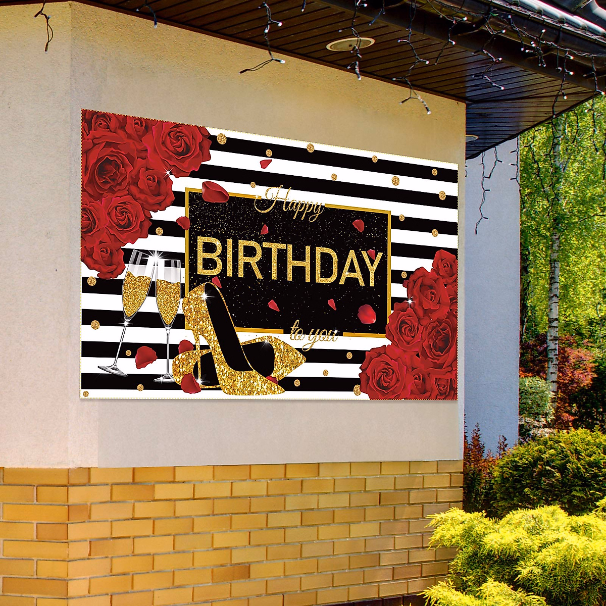 Women Birthday Decorations Happy Birthday Backdrop Photography Background Red Rose Birthday Party Decor Gold High Heels Champagne Glass Banner for 30th 40th 50th 60th Party Supplies, 6 x 3.6 ft