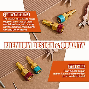 Quick Couplers Kit, R1234YF to R134A Conversion Kit, Blue and Red High Low Side R1234YF Adapters Hose Fitting Connectors for R1234YF Car Air Conditioning System Evacuation Recharging