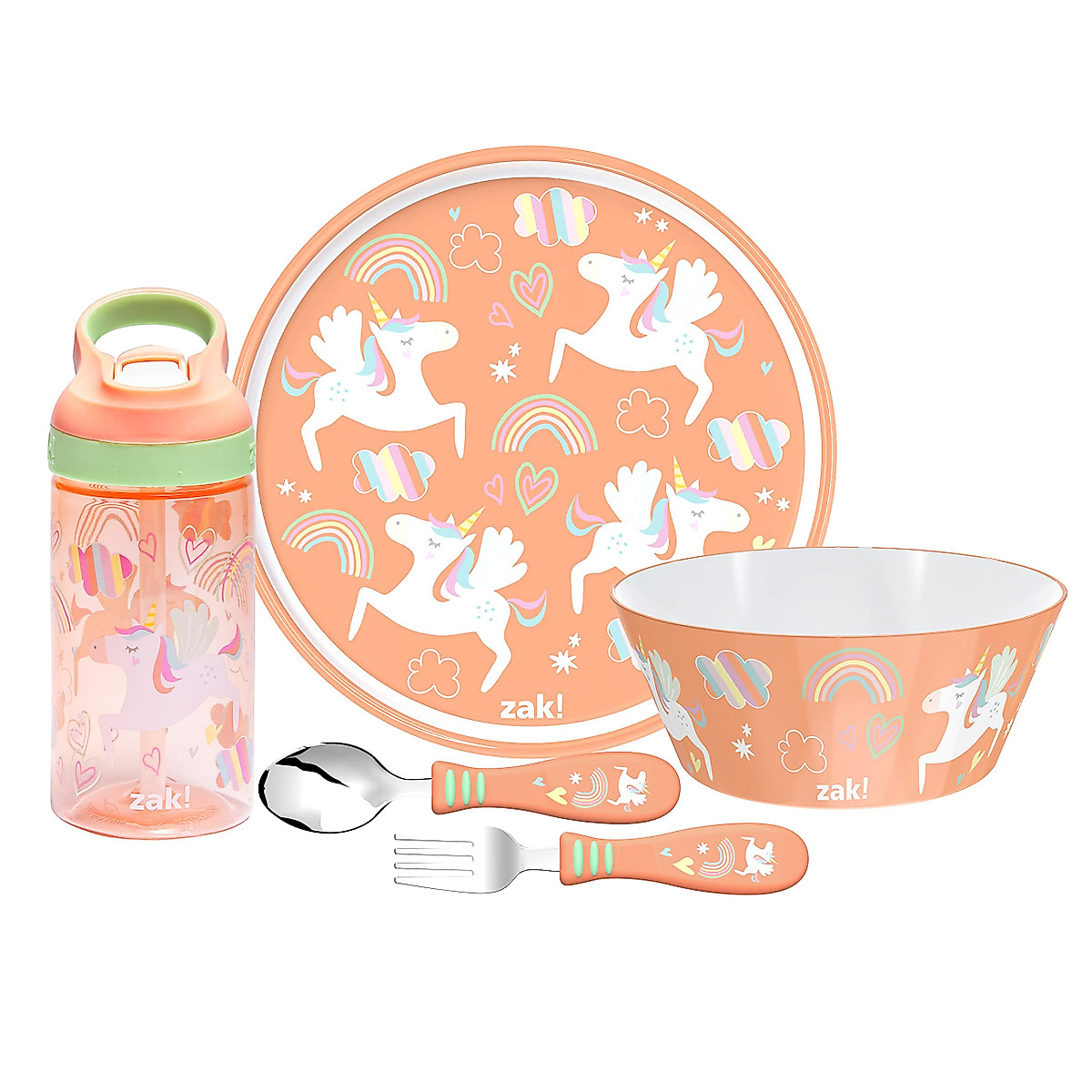 zak! Unicorn - 5-Piece Dinnerware Set - Durable Plastic & Stainless Steel - Includes Water Bottle, 8-Inch Plate, 6-Inch Bowl, Fork & Spoon - Suitable for Kids Ages 3+