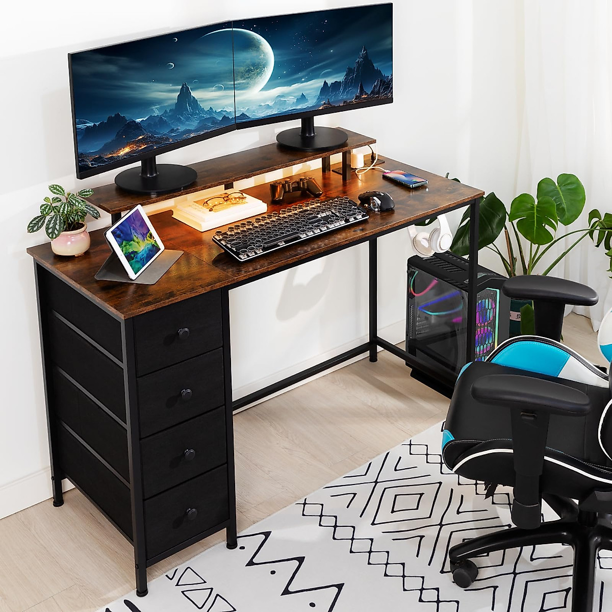 LOAKEKEL 55 Inch Desk with Drawers, Gaming Desk with LED Light & Power Outlets, Computer Desk with Monitor Stand, Writing Desk with Headphone Hook for Home Office, Bedroom, Brown, HGD14BR