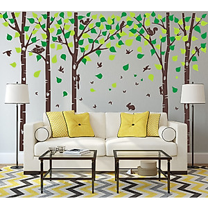 5 Large Birch Tree Wall Decals Jungle Tree Wall Stickers Forest Animal Wall Stickers Squirrel Rabbit Stickers for Kids Room Nursery Bedroom Living Room Classroom Wall Decoration (100", Brown,Green)