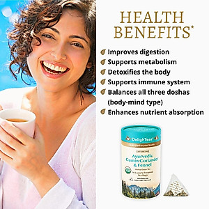 DelighTeas Organic Digest & Detox CCF Tea | Eco-friendly, Compostable Pyramid Tea Bags | Ayurvedic Cumin, Coriander, Fennel Tea | USDA Organic, Caffeine Free, Kosher | 16 Tea Bags, 4g each