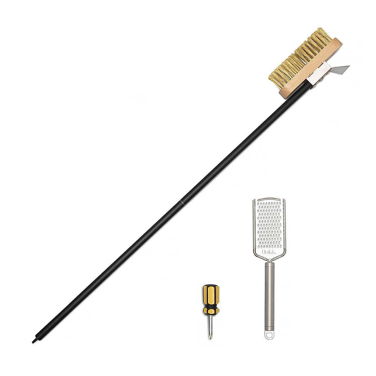 Unikk. Pizza Oven Brush with Scraper – 35” Long Adjustable Heavy Duty Aluminum Handle - Brass Bristles Brush for Pizza Stone with Grater and Screwdriver
