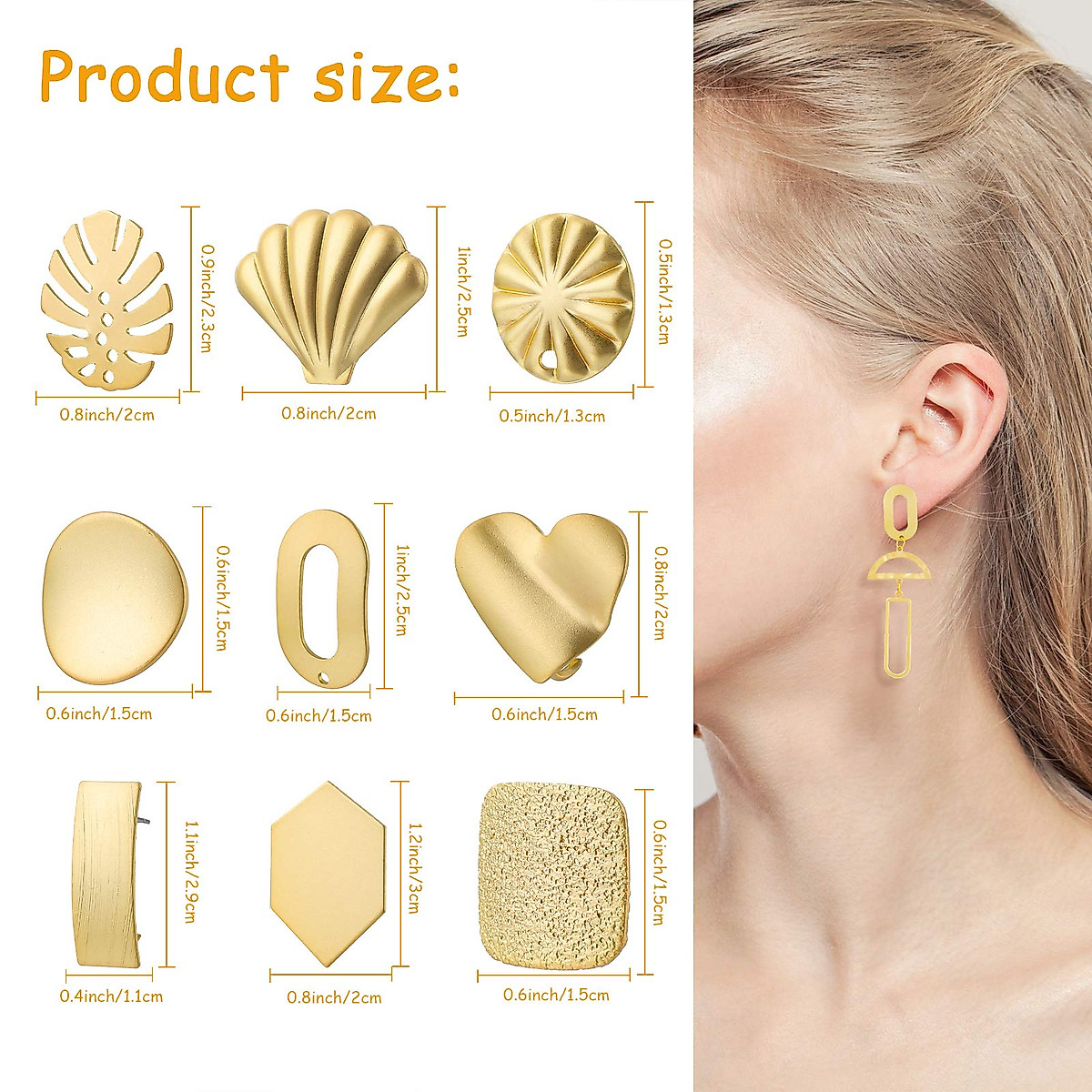 Hicarer 90 Pcs Gold Plated Earring Posts for Jewelry Making Earring Studs with Loop Hole Palm-Leaf Shaped Earring Finding Shell Heart Flower Track Ear Pad Base Posts for Women