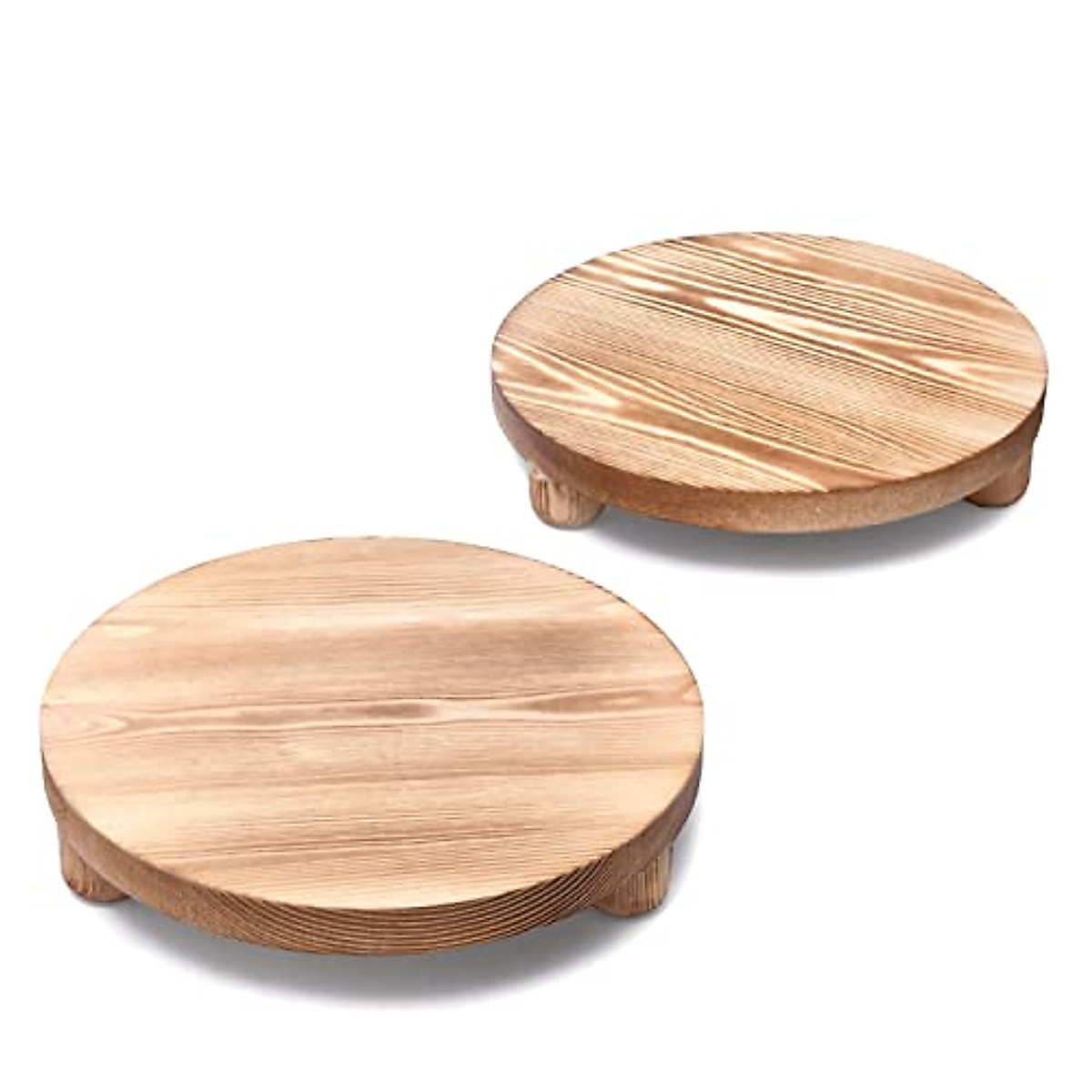 HULISEN Wood Risers for Decor, 10 Inch Round Wooden Pedestal Stand for Indoor Plant Pot Riser, Set of 2 Farmhouse Rustic Decorative Display Tray for Kitchen Counter and Bathroom Table (Natural)