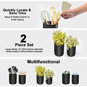 YKDGBRE Ceramic Utensil Holder for Kitchen Counter, Black Kitchen Utensil Holder for Countertop, 2 Pcs Cooking Utensil Crocks for Spatula, Spoon, Forks, Plant
