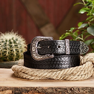 BullhideBelts.com Men's Leather Basket Weave Western Belt, 1.5” Wide, Black, 38“