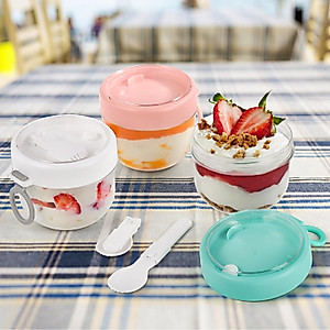 Coloch 6 Pack Plastic Overnight Oats Container with Spoon and Lid, 20oz Portable Prep Oatmeal Jar Leakage Proof On The Go Cup Dessert Cup for Yogurt, Snack, Oatmeal, Fruit, White, Pink, Green