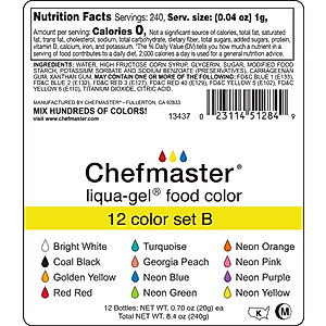 Chefmaster - Liqua-Gel Food Coloring - 12 Color Set B - Fade Resistant - 12 Pack - Vibrant, Eye-Catching Colors, Easy-To-Blend Formula, Fade-Resistant - Made in the USA