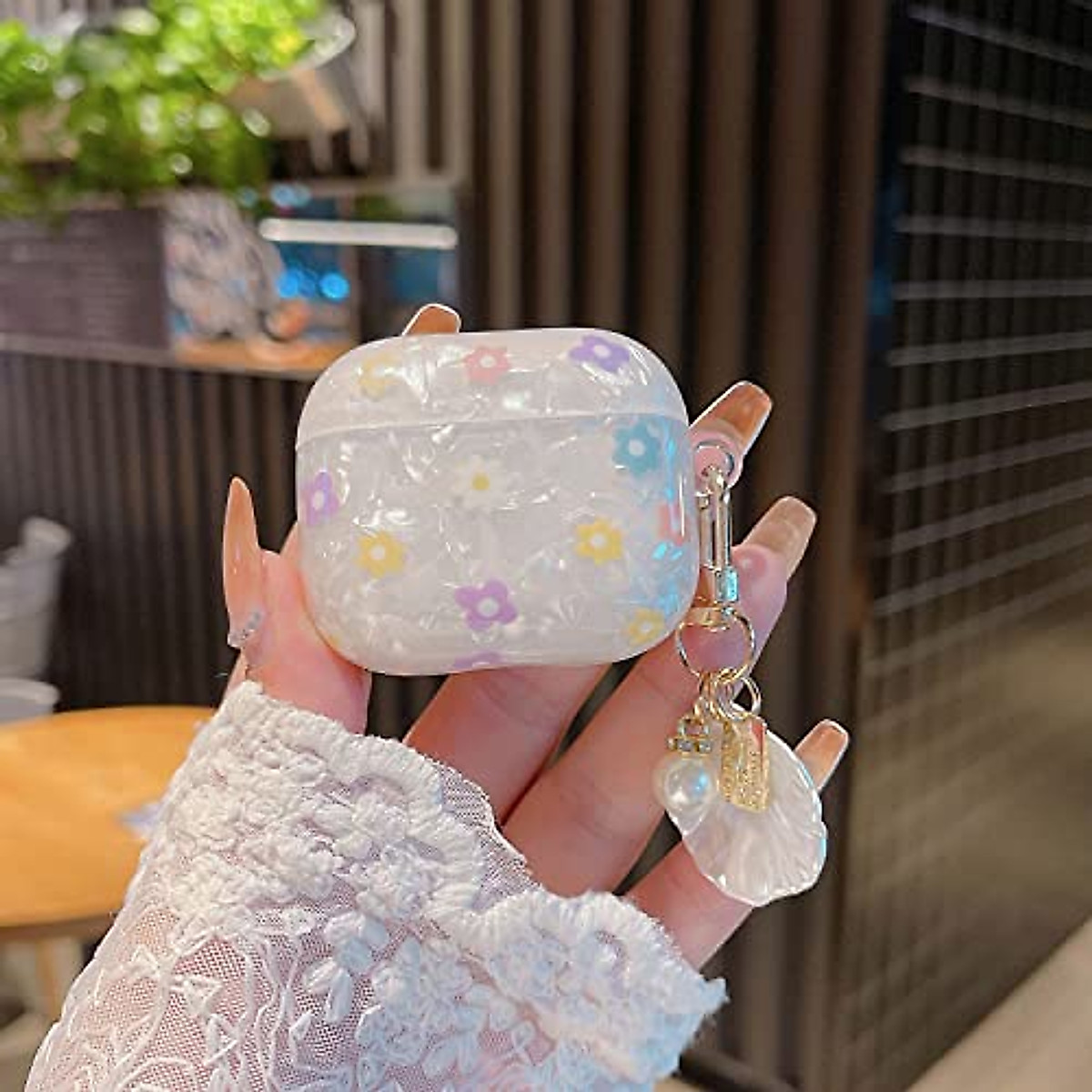 PHOEACC Cute Airpod Gen 3 Case 2021 (NOT Fit Airpod Pro) Flowers with Shell Pearl Keychain Luxury Marble Protective Cover Compatible with AirPods 3rd Generation Case for Girls Women (Floral)