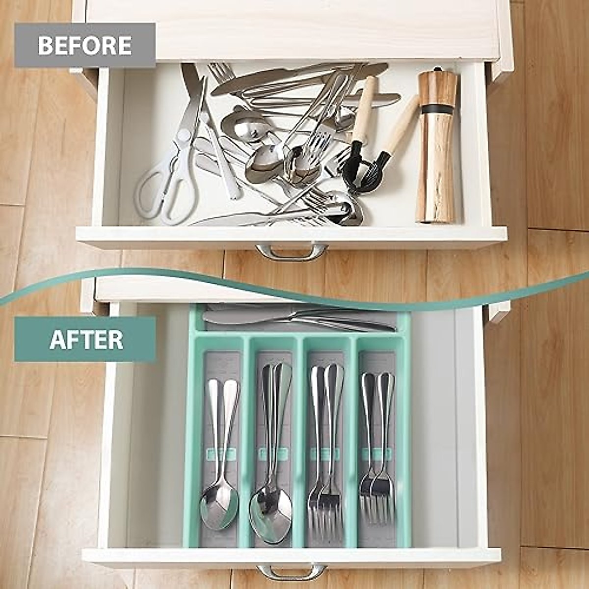 Joequality Silverware Organizer with Icons，Plastic Cutlery silverware Tray for Drawer，Utensil Flatware Tableware Organizer for Kitchen with Non-slip TPR,Fits Standard Drawer,5-Compartment,Light Blue