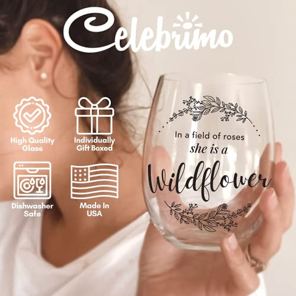 Celebrimo She Is A Wildflower Wine Glass as Mindfulness Meditation Gifts for Women - Thoughtful Bestfriend Gifts - Spiritual, Inspirational, Motivational Gifts for Women - Sister Wine Glass 15oz