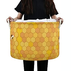 Large Round Storage Basket - Honey Bee Yellow Canvas Laundry Hamper Toy Storage Bin for Kid’s Living Room