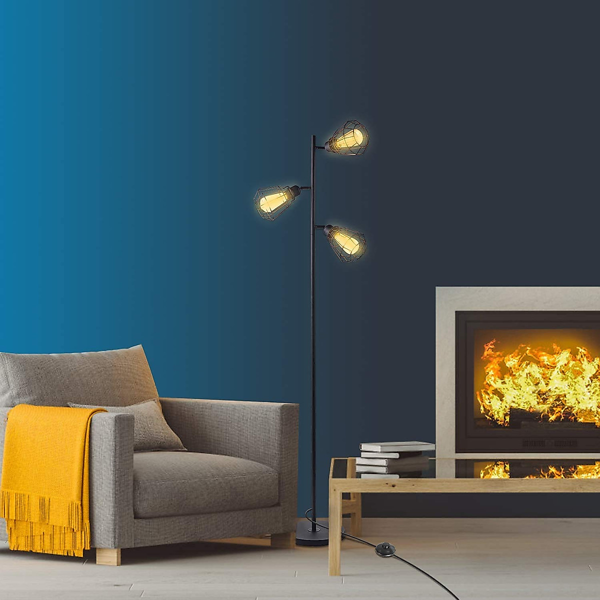 Floor lamp Industrial Floor Lamp 3 Head Lamp Fixture Compatible with Living Room Rustic Floor Lamp with 3 Light Bulbs