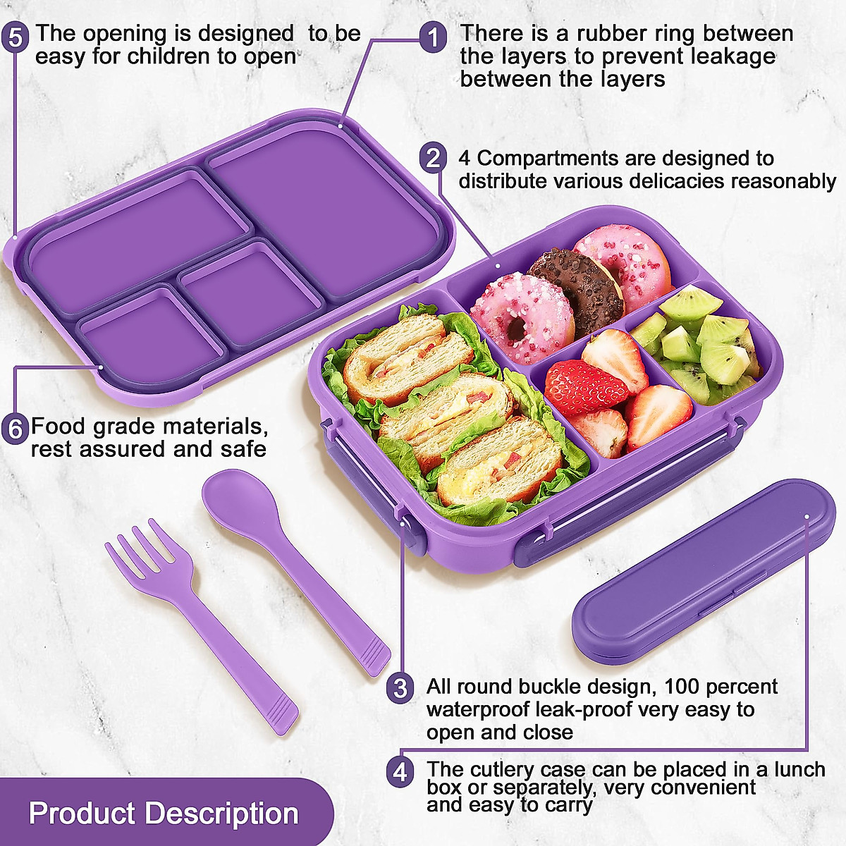 Amathley Lunch Box Kids,Bento Box Adult,Leakproof Lunch Containers for Adults/Kids/Toddler,1200ML-4 Compartments bento Lunch box with Utensil,Microwave & Dishwasher & Freezer Safe (Purple)