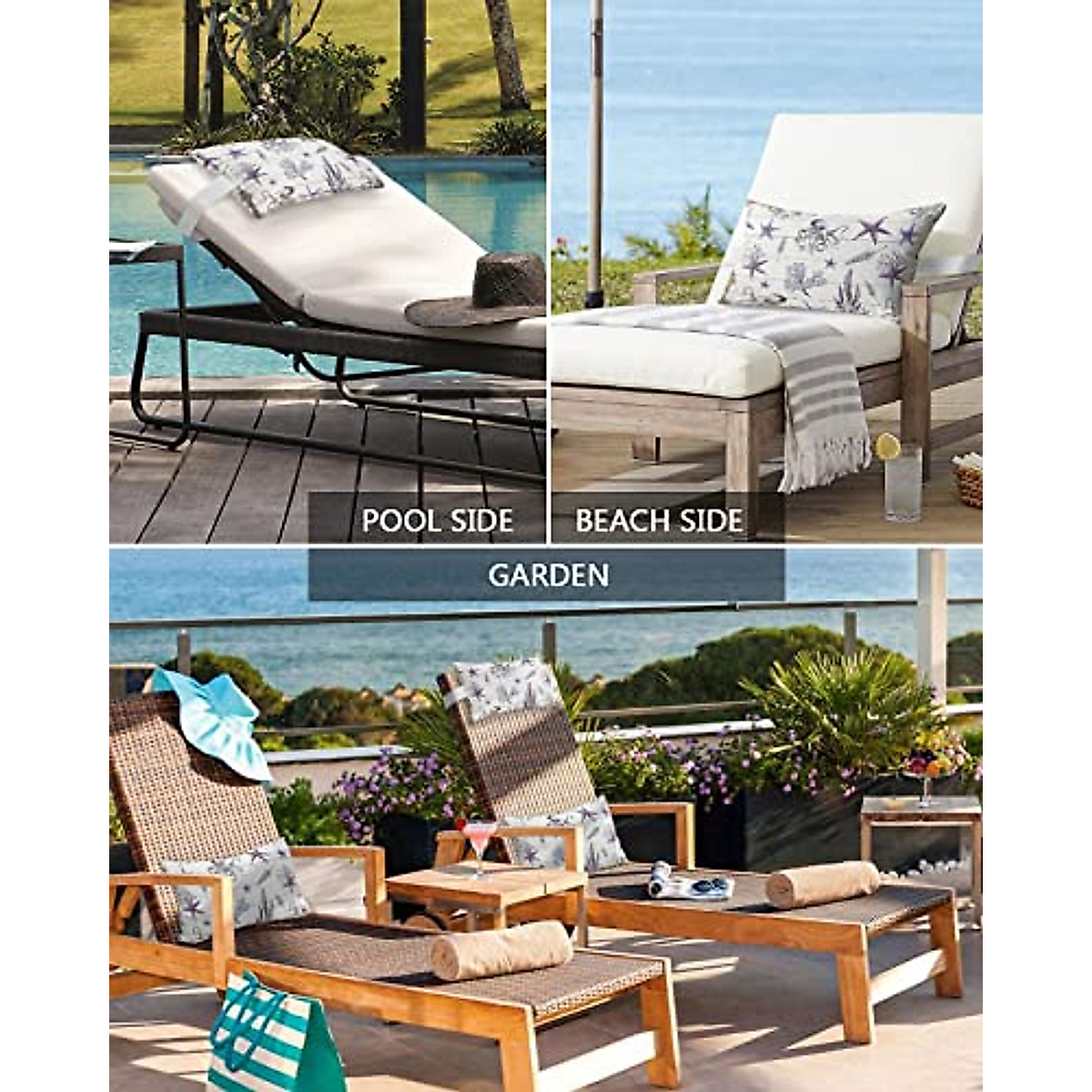 Prime Leader Recliner Head Pillow Ledge Loungers Chair Pillows with Insert Watercolor Sea Life Octopus Starfish Wood Grain Lumbar Pillow with Adjustable Strap Outdoor Waterproof Patio Pillows, 2 PCS