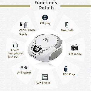LONPOO Portable Boombox - CD Player, Bluetooth, USB, MP3, AUX, FM Radio, Portable, Built-in Stereo Speakers, Carrying Handle, LCD Display, White