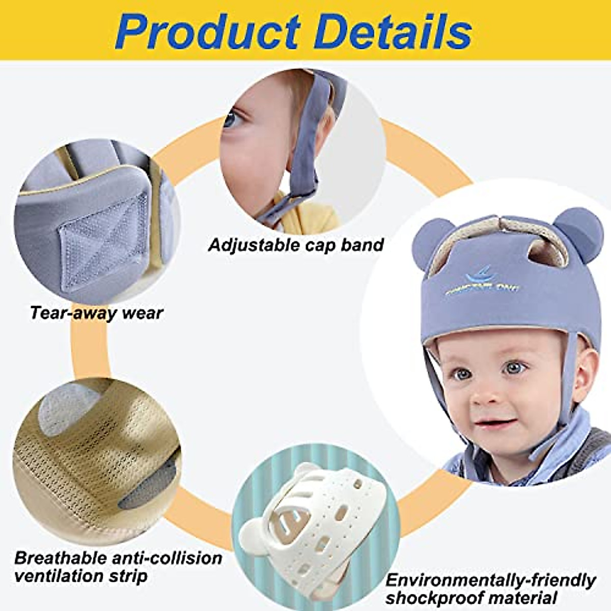 ESUPPORT Baby Adjustable Safety Helmet Headguard Protective Harnesses Hat Providing Safer Environment When Learning to Crawl Walk Play (Grey-1)