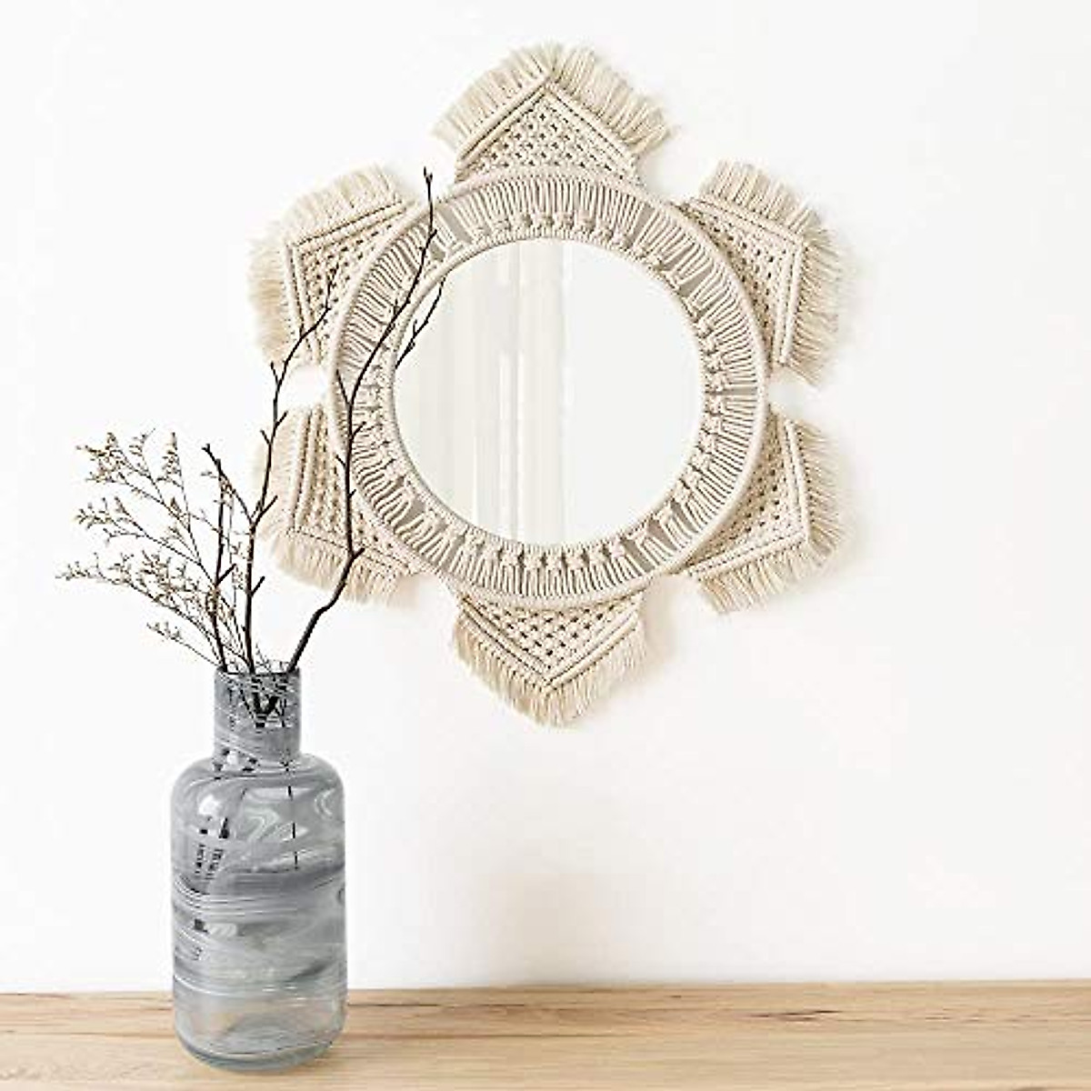 Mkono Hanging Wall Mirror with Macrame Fringe Round Boho Mirror Art Decor for Apartment Living Room Bedroom Baby Nursery Dorm Entryways, Ivory