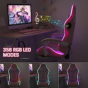 HOFFREE Pink Gaming Chair with Bluetooth Speakers and LED RGB Lights Cute Ergonomic Massage Computer Gaming Chair with Footrest High Back Video Game Chair with Lumbar Support Pink and White